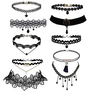 Trasfit 10 Pieces Lace Choker Necklace for Women Girls, Black Classic Velvet Stretch Punk Gothic Tattoo Lace (10 Style #1)