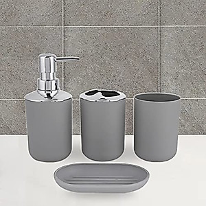 Jaugufiy Bathroom Accessory Set of 4, with Soap Dispenser Pump Bottle Toothbrush and Toopaste Holder Toothbrush Cup Soap Tray (Grey)