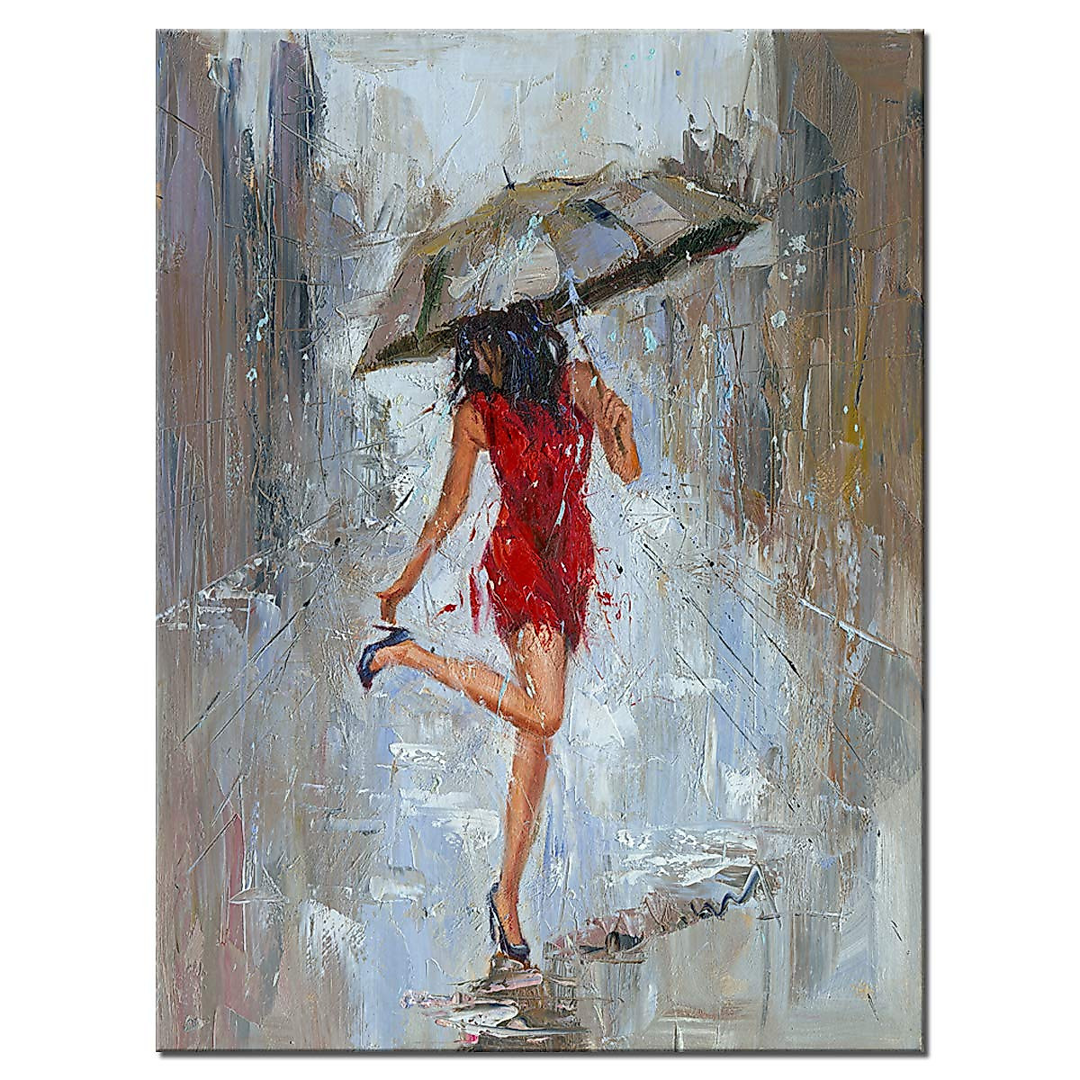 Abstract Canvas Print Rain Modern Wall Art Painting Girl Umbrella with Red Dress Walking in Street Figure Artwork