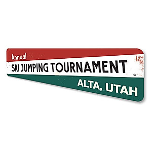 Annual Ski Jumping Tournament Sign, Ski Location City State Sign, Custom Ski Lodge Aluminum Decor - 4" x 18"
