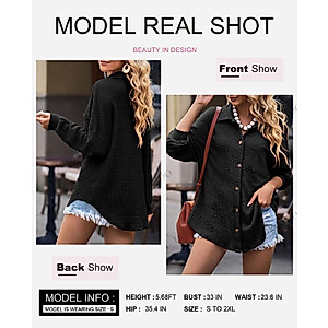 Dokotoo Black Button Up Tops for Women Long Sleeve Waffle Knit fall Jacket Loose Fit Boyfriends Pocket Outerwear winter coat Oversized Blouses fall outfits Small
