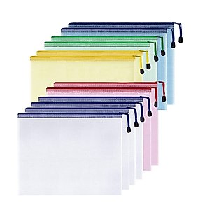 ZYHW Mesh Zipper Pouch, 16.9x12.4 in (5 Colors, 12 Packs), Plastic Zipper Bags, Waterproof Zipper Pouches for School Office Supplies, Puzzles, Board Games & Cross Stitch Projects