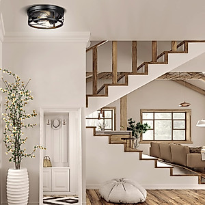 Feanron Farmhouse 2-Light Black Flush Mount Ceiling Light Fixtures, Industrial Vintage Metal Cage Closed to Ceiling Mount Lamp for Hallway Kitchen Bedroom 2 Pack, A19 LED Bulbs Included