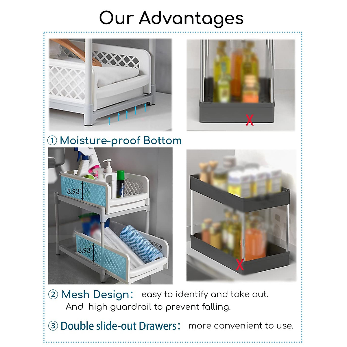 2 Tier Under Sink Organizer White Cabinet Slide Out Food Storage Shelves Vanity Bathroom Under the Sink Pull Out Home organizer with Sliding Baskets Cabinet Spice Rack for Kitchent Desk hegsymum