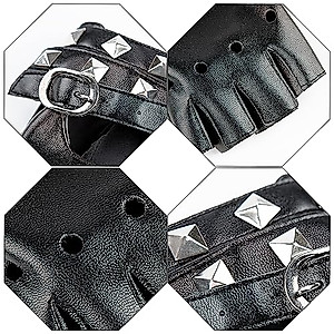 Fingerless Leather Gloves, Half Finger Biker Punk Gloves (One size fits all) with Belt Up and Rivet Design for Halloween Costume Party