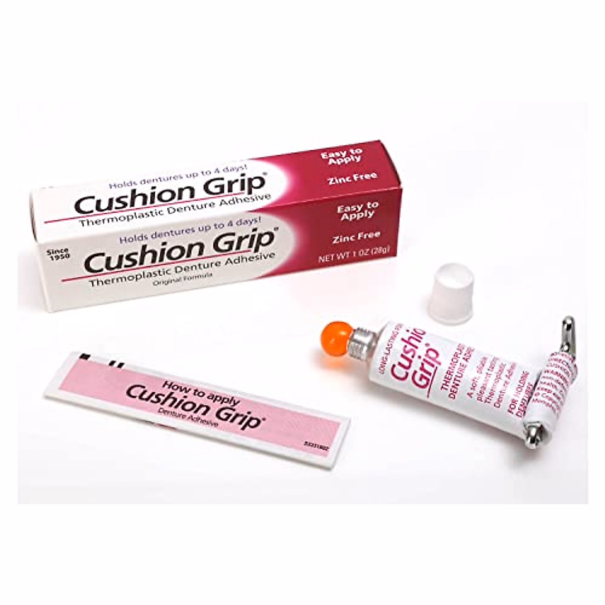 Cushion Grip Thermoplastic Denture Adhesive for Refitting and Tightening Loose Dentures [Not a Glue Adhesive, Acts Like a Soft Reliner] (1 Oz) Hold Dentures for Up to 4 Days.