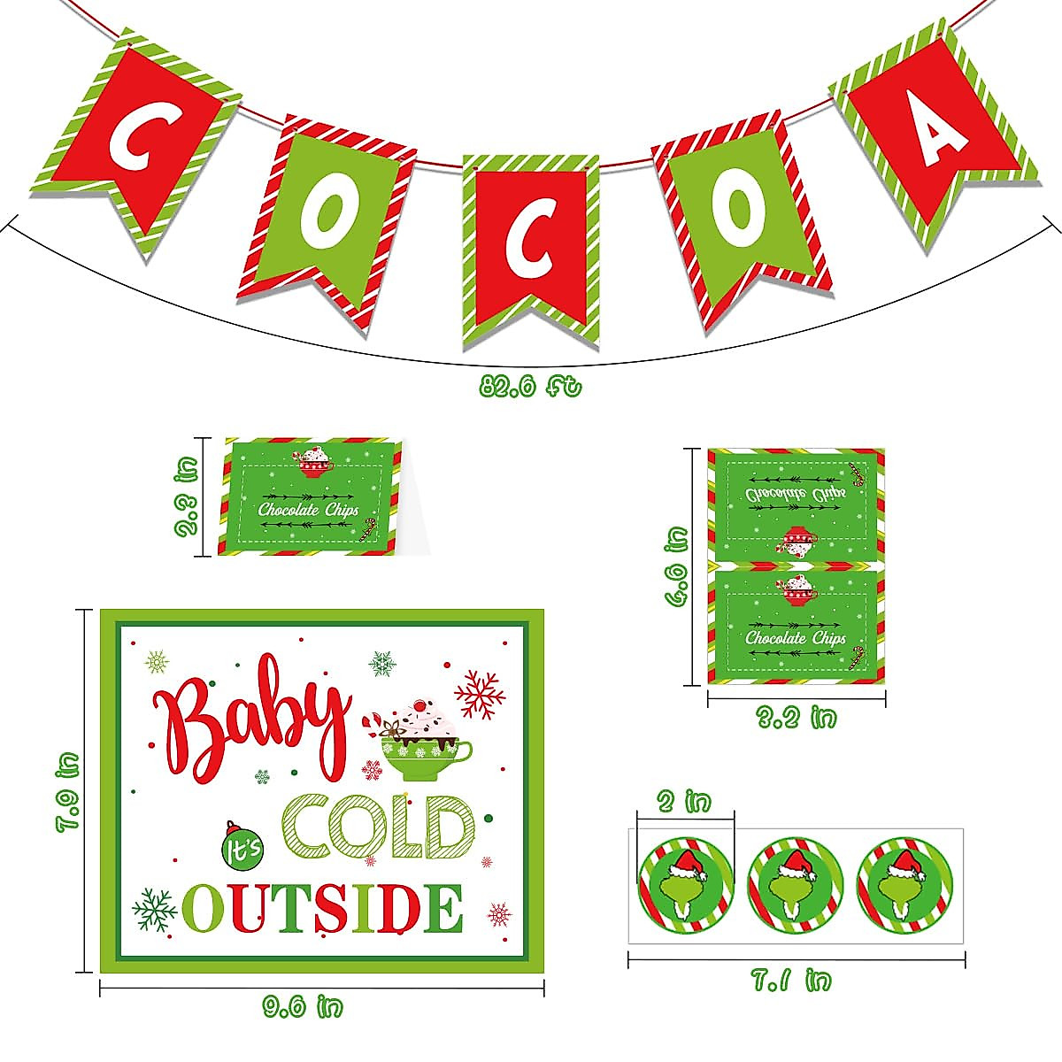 Winter Hot Chocolate Bar Kit Hot Cocoa Bar Banner Christmas Red Green Hot Chocolate Bar Signs Baby It's Cold Outside Toppings Labels Cup Tags Stickers for Wintertime Holiday Baby Shower Birthday