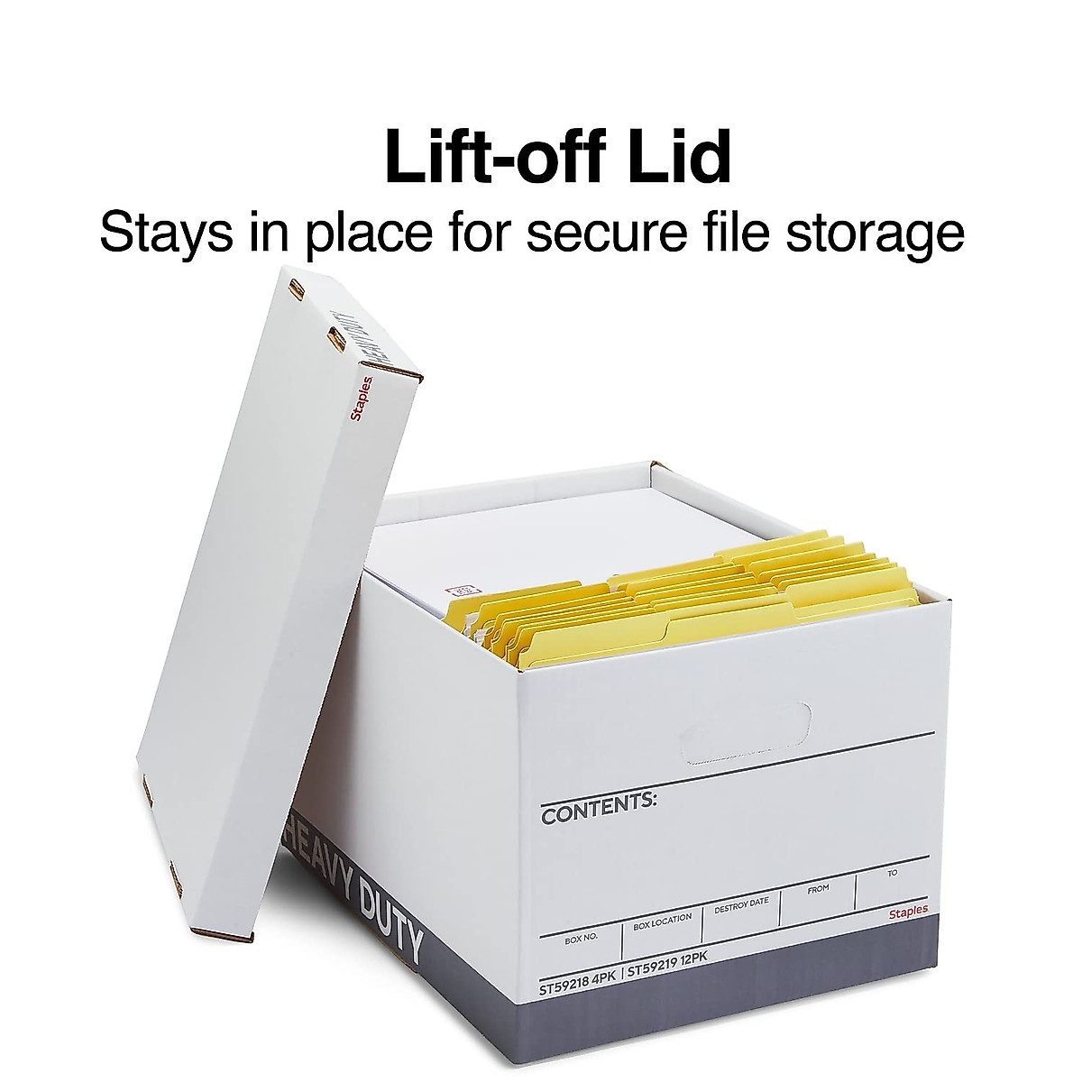 Staples Heavy-Duty Storage Boxes, Top Tab, Stacking Strength 850 lb, White/Gray, 9 3/4"H x 12"W x 15"D, 4/Ct
