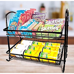 Giftburg Stackable Can Rack Organizer, Angle 2-Tier Tray Display Stand, Fruit Basket Stand, Potato Chip Rack, Multifunctional Can Dipsenser for Storing Canned Snacks Drinks and more, Black