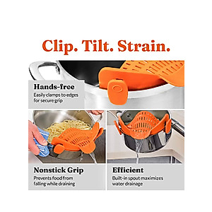 Kitchen Snap N Strain Pot Strainer and Pasta Strainer - Adjustable Silicone Clip On Strainer for Pots, Pans, and Bowls (Orange)