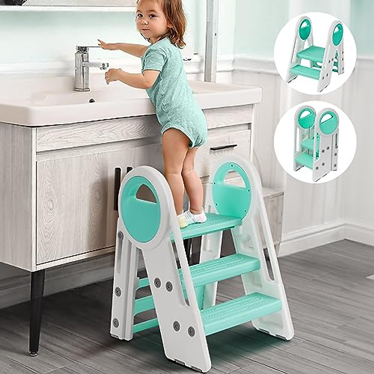 Gimars Upgrade Triple Stability Foldable Adjustable 2 Steps to 3 Steps Toddler Step Stool for Bathroom Sink, Step Stools for Kids with 6 Non-slip Pads,Handles for Toilet Potty Training,Kitchen Counter