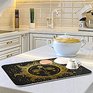 Hand Drawn Gold Golden Face of the Sun Stars on Black Dark Kitchen Dish Drying Mat, Absorbent Microfiber Pad Drainer, Heat-resistant Countertops Sinks Protector with Hanging Loop 18"x24"
