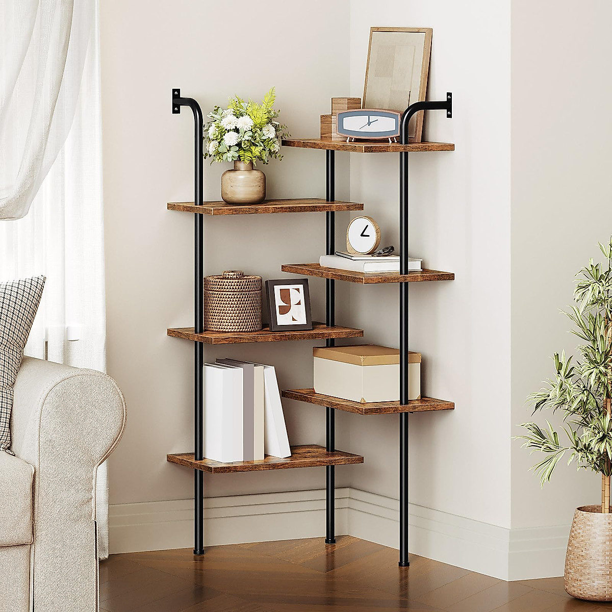 HOOBRO L-Shaped Ladder Shelf, 6-Tier Corner Bookshelf, Corner Wall Mount Bookcase, Display Shelf for Small Spaces, Anti-Tip Design, for Living Room, Balcony, Study, Rustic Brown and Black BF76CJ01