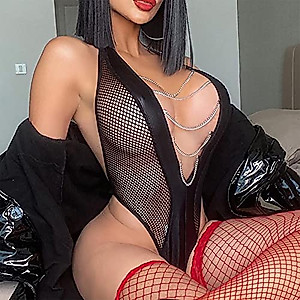 Naughty Outfits For Women, Bodysuit Women Sec Toys His And Hers Matching Underwear Set Sexy Women's Lingerie Tight Deep V Mesh Set With Stockings Women's Lingerie One Piece (L, Black)