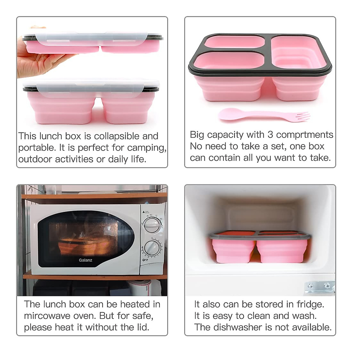 fancyfree Collapsible Silicone Benton Container, Leakproof Lunch Box with 3 Compartments, BPA Free Safe Food Storage Organizer (Pink)