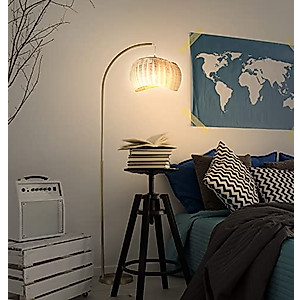 Brightech Wave Arched Floor Lamp – Unique Hanging Wicker Shade for Living Rooms – Rattan Style Matches Boho and Other Décor – Arcs Over Sofas and Dining Tables for Compliments - Brass