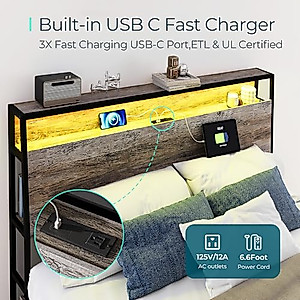 LINSY Twin Bed Frames with Ergonomic Headboard & Lights, Twin Size Bed Frame with 2 Drawers & Charger, Kids Bed Frame with Storage, Greige