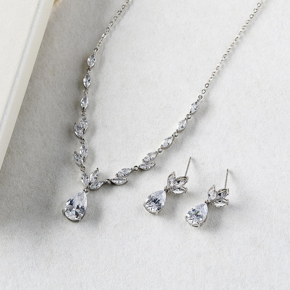 SWEETV Wedding Jewelry Set for Bride Bridesmaids, Teardrop Bridal Necklace Earrings Set, Cubic Zirconia Wedding Bridal Jewelry for Women