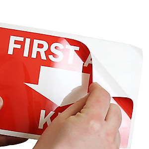 SmartSign (Pack of 4) 5 x7 inch “First Aid Kit” Sticker Labels with Down Arrow, 5 mil Laminated Polyester with SuperStick Adhesive, Red and White