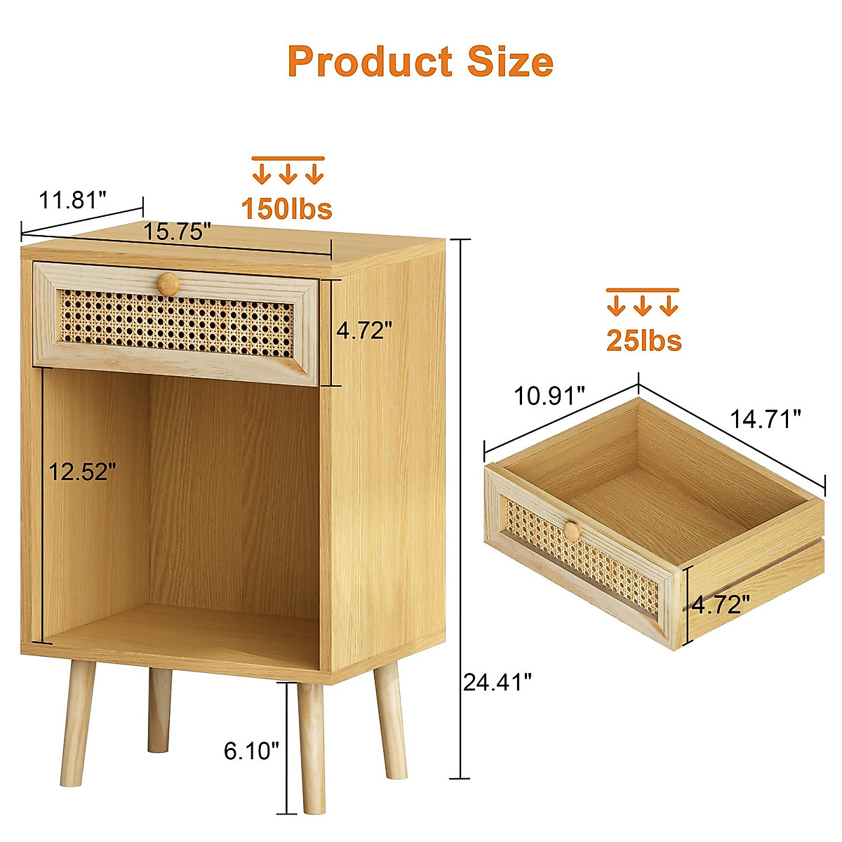 Koifuxii Natural Rattan Boho Nightstand - 24" High, 16.82" x 4.89" x 20.02" Light Wood Bedside Table - Bedroom, Living Room