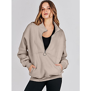 ANRABESS Women's Oversized Half Zip Fleece Sweatshirts Quarter Zip Pullover Top Fall 2024 Outfits Trendy Clothes Light Brown X-Large
