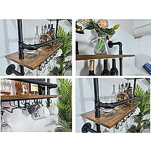 Wall Mounted Wine Rack with Bottle and Glass Storage, 3 Tier Wood Shelves and Cup Holders, Black