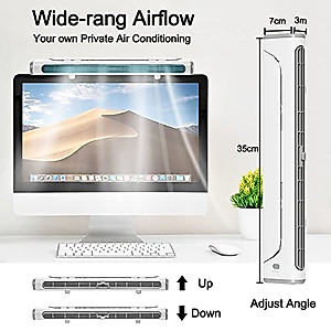 DauMeiQH Office Desk Monitor Screen Fan, Bladeless Tower Standing Fan Bar for Bedroom, 4000mAh Battery Powered Table Top Cooling Stand up Tall Fan with USB-C Charging Cable, 12 inch Air Outlet- White