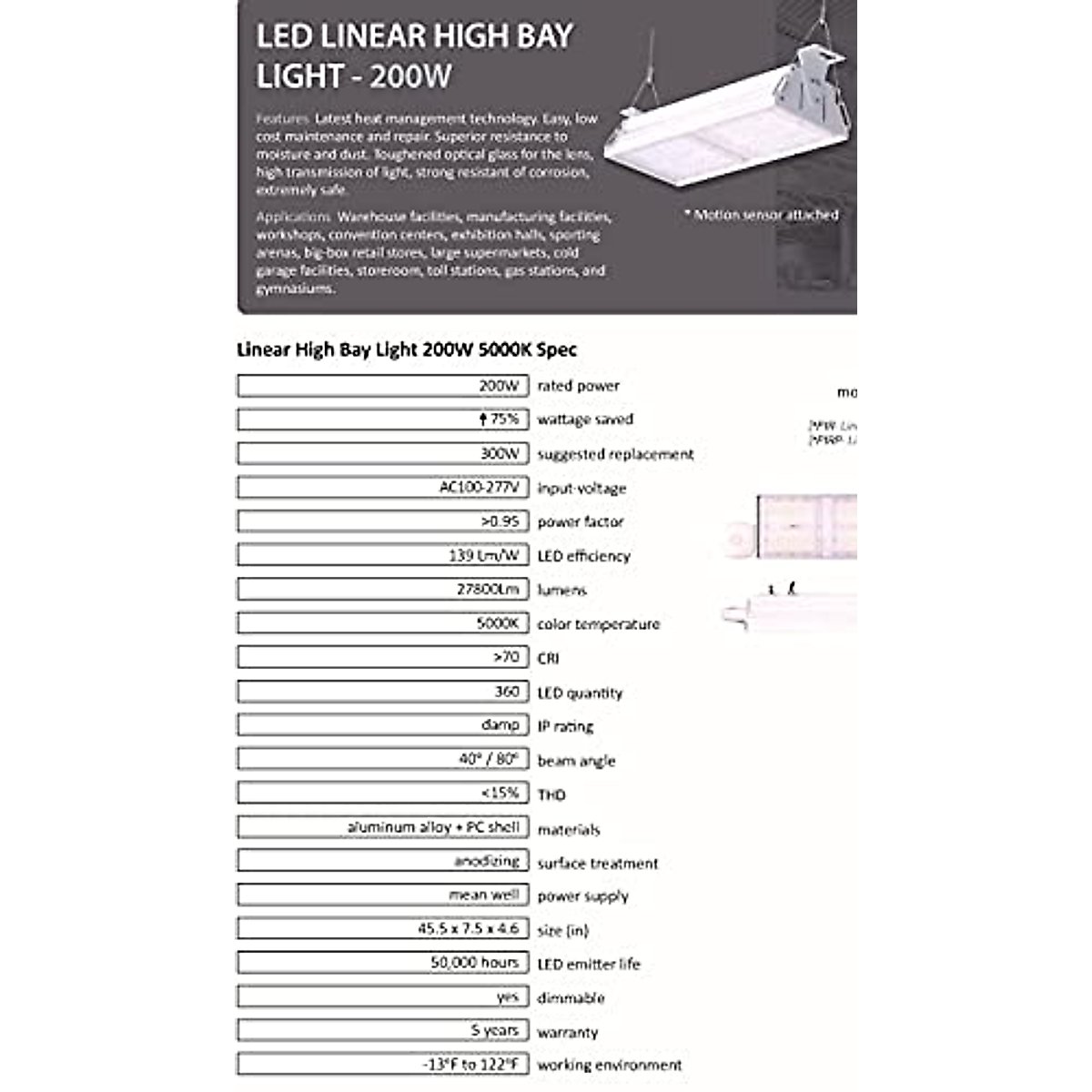 200W Linear High Bay LED Light with PIR Sensor