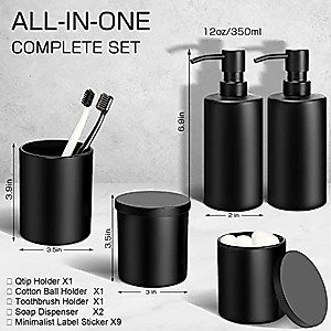 MIERTING Bathroom Accessories Set 5 Pcs, Matte Black Bathroom Accessory Set, Glass Soap Dispenser and Toothbrush Holder Set, Qtip Holder and Cotton Ball Holder, Modern Bathroom Decor Sets
