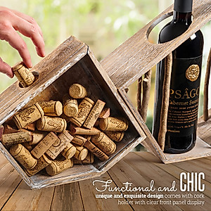 Wine Bottle Holder - Rustic Birch Wood Single Wine Bottle Rack with Cork Holder - Freestanding Wooden Countertop Display Case w/ Branch Accents and Clear Cover, Handmade Gift Decor for Bar or Kitchen