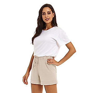 KINGFEN Womens Shorts Casual Lounge Cotton Shorts Casual for Summer Mid Rise Elastic Waist Linen Beach Pull On Comfy Drawstring Stretchy Short with Pockets Beige Large