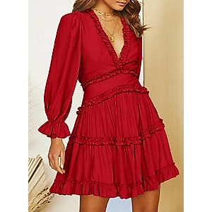 Dokotoo Womens Cute Summer Spring Casual Sexy Deep V Neck Ruffle Chiffon Lantern Long Sleeve Elegant Boho Hawaiian Flowy Mini Short Skirt Dresses for Women Party 2025 Red Small