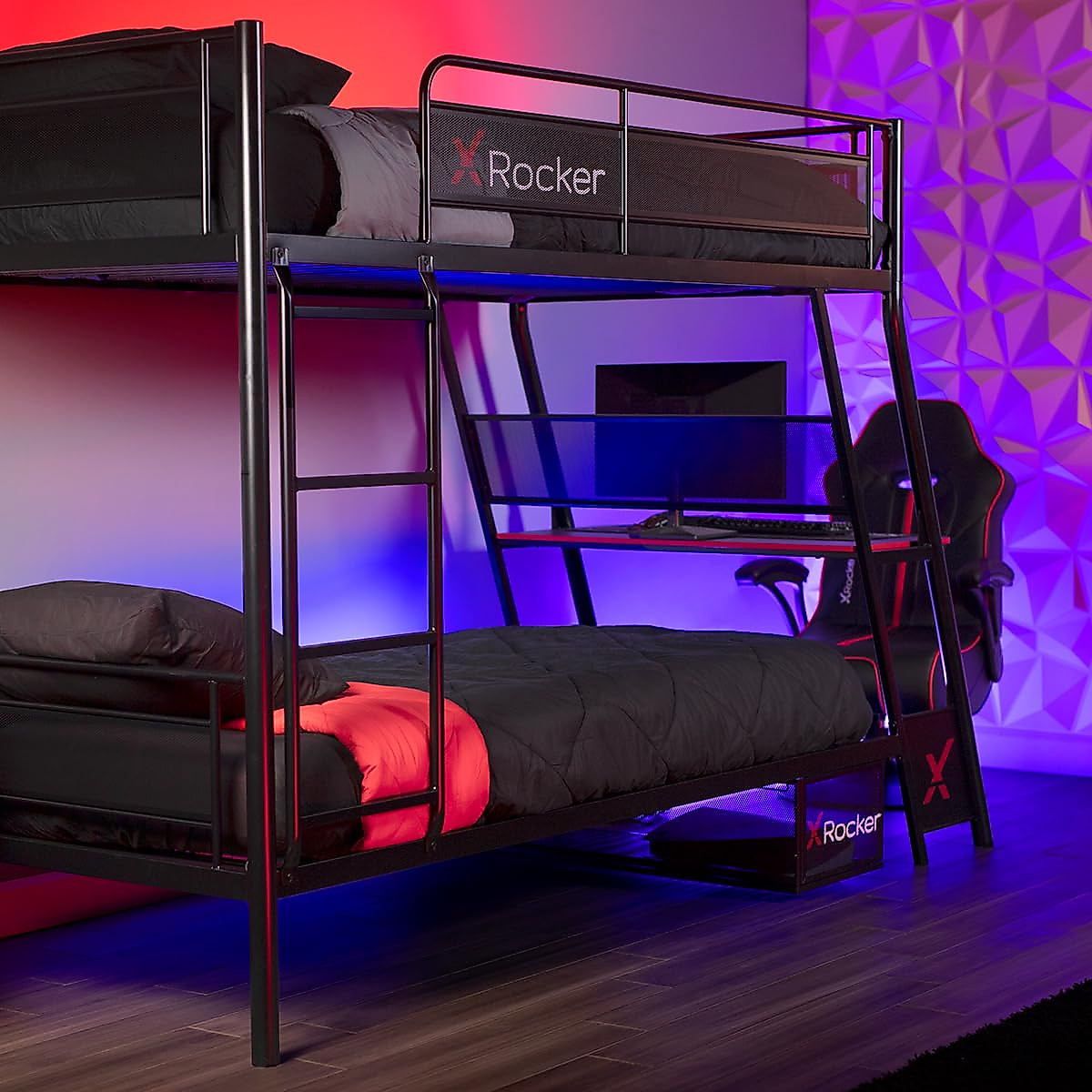 X Rocker Armada Gaming Bunk Bed, Durable Metal Frame, Built-in Gaming Desk, Safe Ladder, Grid Mesh Sides, 7000301, 95.6" x 41.5" x 64.2", Twin Over Twin, Black