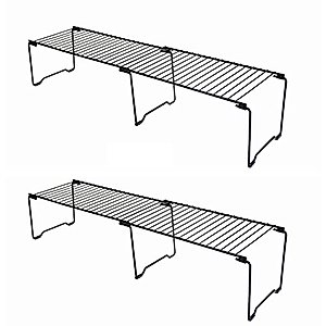 VANLAMNI Expandable Kitchen Counter and Cabinet Storage Shelf, Steel Rack Organizer for Kitchen, Cabinet, Bathroom,Black,2 Pack