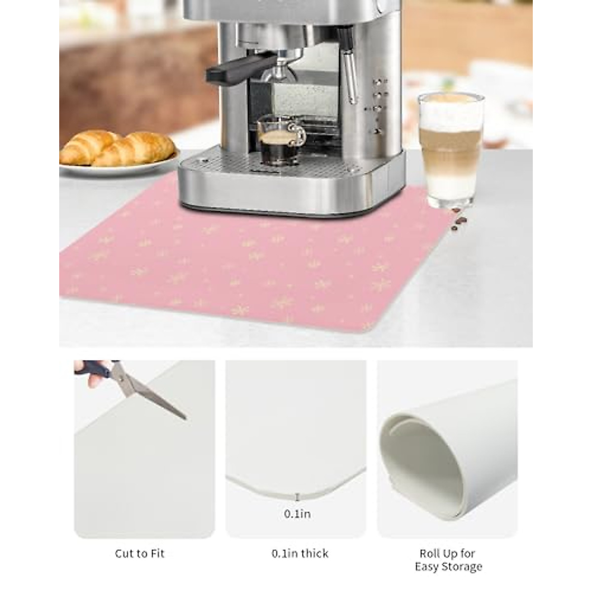 Coffee Mat for Counter, Christmas Gold Snowflake Pink Absorbent Hide Stain Coffee Bar Mat, Non-slip Coffee Bar Accessories Kitchen Drying Mat Fit Under Coffee Maker Espresso Machine