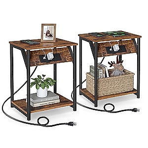 VASAGLE Side Tables with Charging Station, Set of 2 End Tables with USB Ports and Outlets, Nightstands for Living Room, Bedroom, Plug-in Series, Rustic Brown and Black ULET372B01