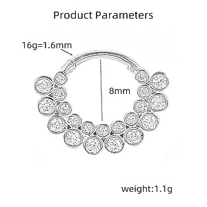 Dtja 16G Sterling Silver Piercing Nose Ring Cubic Zirconia 9mm Septum Hinged Segment Small Hoop for Women CZ Cartilage Conch Tragus Stud Earring Hypoallergenic Body Pierced Jewelry 1 Piece Luxury