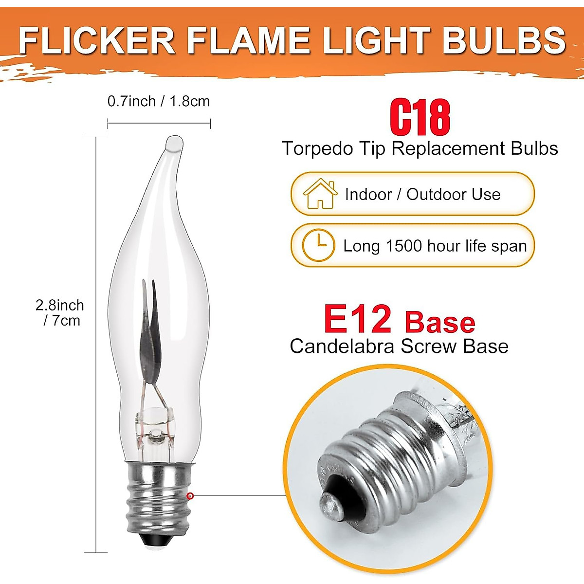 Agaphoton Christmas Flicker Flame Light Bulbs, Crystal Clear Flame Tip Candelabra Bulbs, Flickering Replacement Bulbs Dances with Orange Flame, 120 Volt, 1 Watt, E12 Candelabra Base, 12 Pack