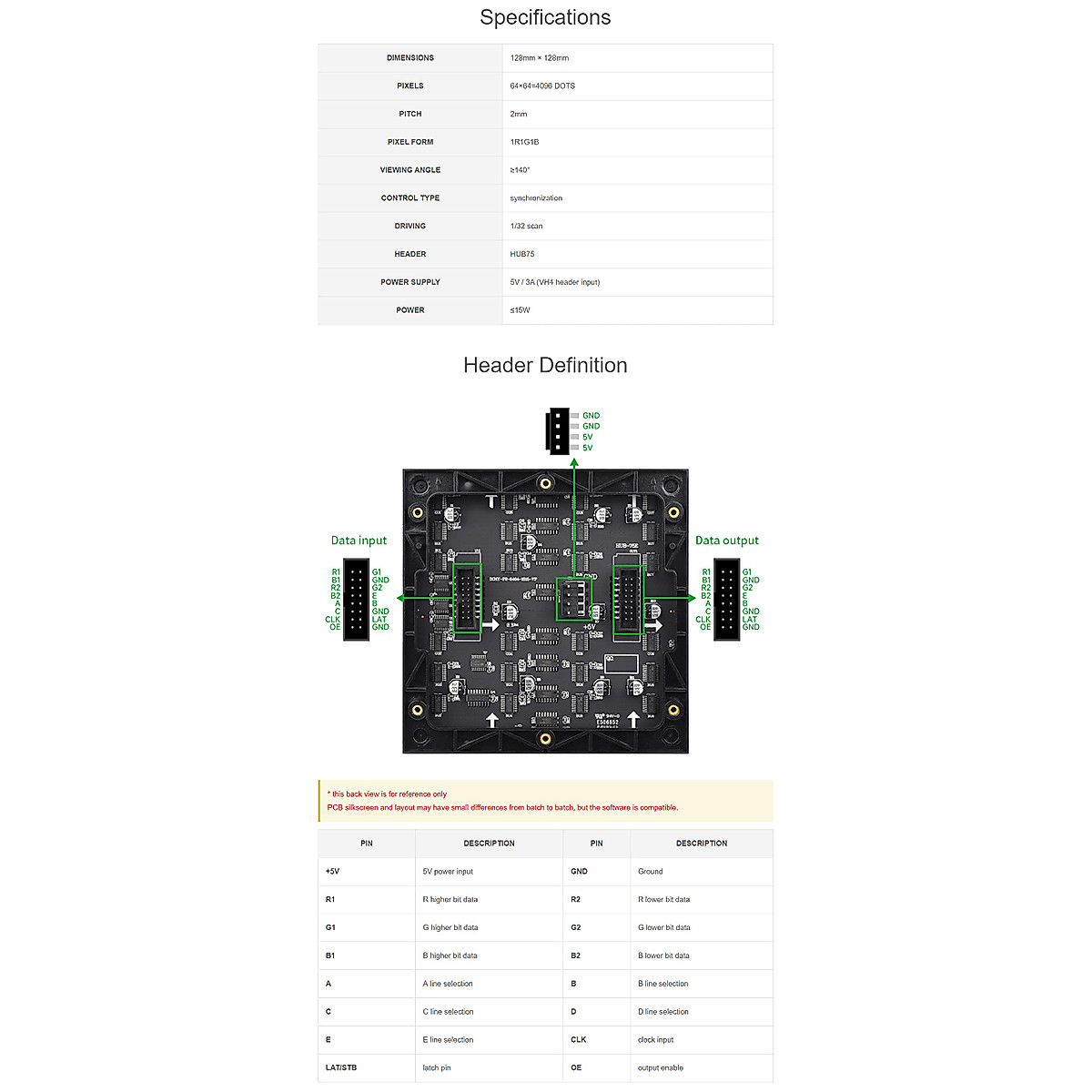 RGB Full-Color LED Matrix Panel, 64×64 RGB LED Matrix Panel - 2mm Pitch for for Raspberry Pi 4B+ 4B 3B+ 3B 2B+ Zero W WH 2 W Pico ESP32 Ardui Adjustable Brightness