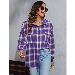 BMJL Womens Flannel Shirts Button Down Shirt Plaid Shacket Collared Long Sleeve Blouses Western Outfit Fall Tops Fashion 2023(Purple Plaid S)