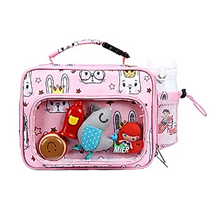 MIER Lunch Bags for Kids Boys Girls Toddlers Cute Insulated Lunch Box Tote School Lunchbox Kit with External Water Bottle Holder/Clear Zipper Pocket (Light Pink-Rabbit)