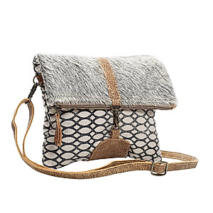 Myra Bag Foldover Cowhide & Upcycled Canvas Crossbody Bag S-1154, Brown, One Size