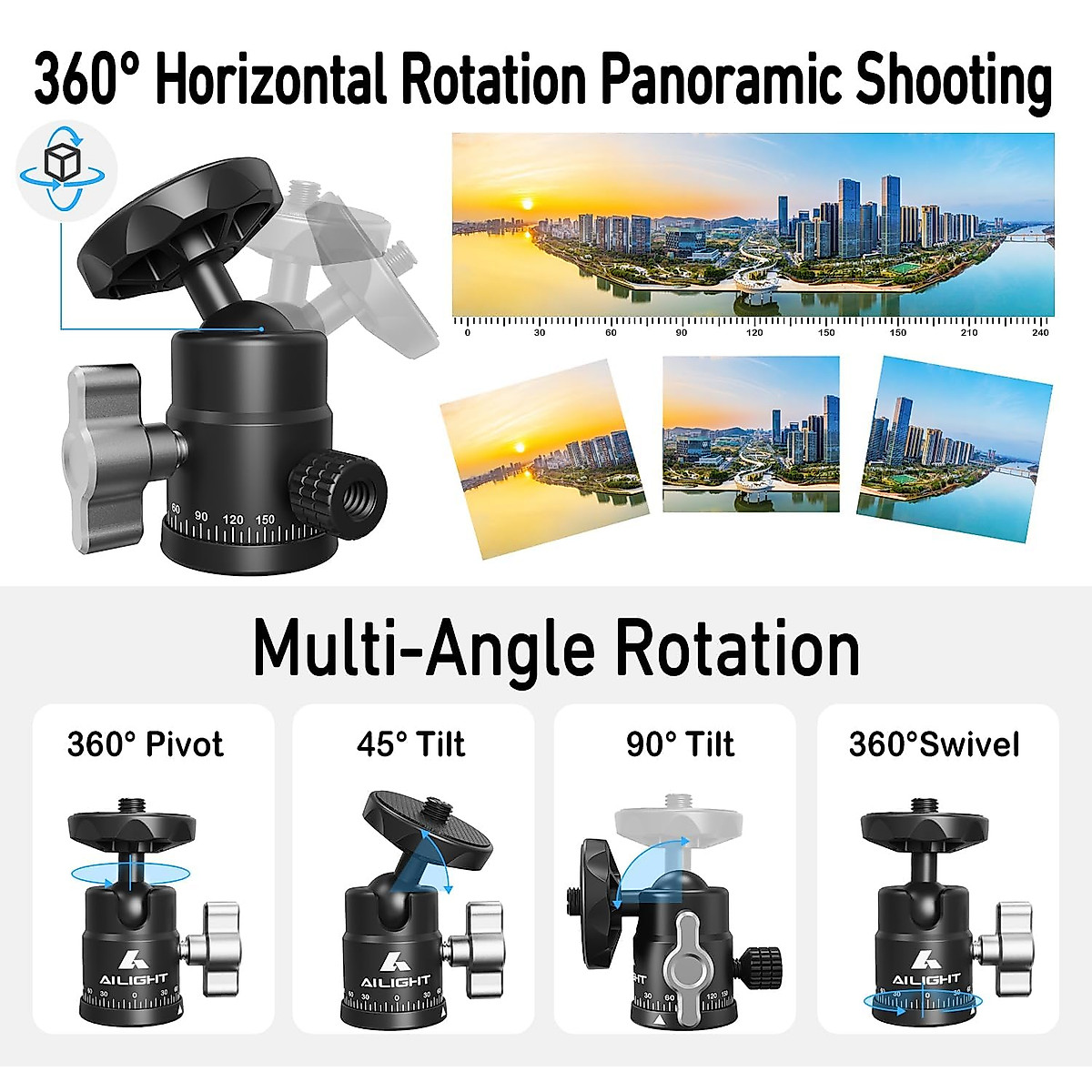 Mini Ball Head, Panoramic Tripod Head DSLR Camera Hot Shoe Mount + 1/4 3/8 Screw, 360° Rotatable Tripod Ball Head Photograph Accessories for Cameras Gopro Camcorder Smartphone Light