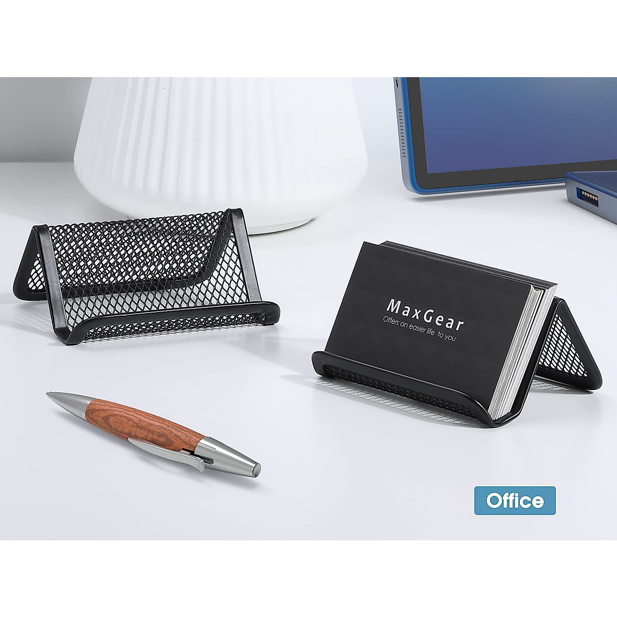 MaxGear Business Card Holder for Desk Metal Business Card Holders Mesh Business Card Holder Display Desk Business Card Stand Business Card Desk Holder with 50 Business Cards Capacity Black, 2 Pack