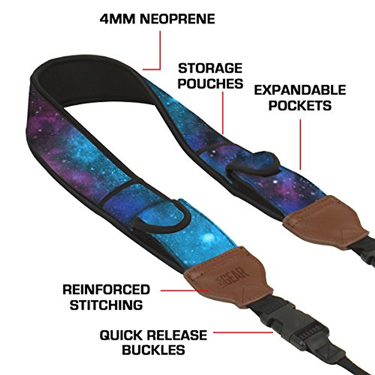 USA GEAR TrueSHOTNeck Strap Neoprene Camera Straps - Padded Camera Strap, Accessory Pocket, and Quick Release Buckles - Compatible with Canon, Nikon, Sony and More DSLR and Mirrorless Camera - Galaxy