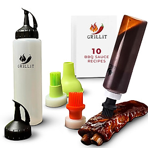 Sauce Basting Bottle Set for Grilling with 3 Silicone BBQ Basting Brush Caps & 2 Squeeze Caps - Squeeze Bottles for Sauces with Applicators, Storage Caps & Funnel - Condiment Sauce Dispenser