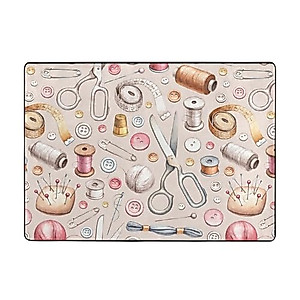 LAKIMCT Sewing Tools Pattern Area Rug 80x58 inch, Modern Bedroom Decor Rugs, Flannel Non-Slip Carpet for Living Room Kitchen Office Mat