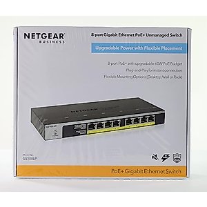 NETGEAR 8-Port Gigabit Ethernet PoE Network Switch, Hub, Internet Splitter (GS108LP) - with 8 x PoE+ @ 60W Upgradeable, Desktop/Rackmount, and ProSAFE Lifetime Protection