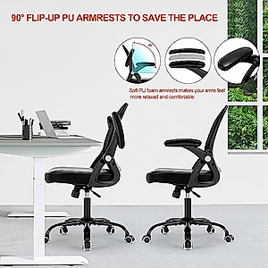 Office Chair,Ergonomic Home Desk Chairs,PU Leather Thick Cushion Mesh Office Chairs,Adjustable Executive Task Chair with Flip-up PU Armrests,360° Swivel Computer Chairs,Black