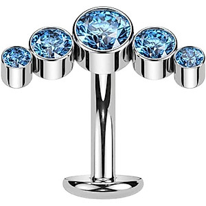 Titanium Threadless Convex Base Floating Belly Ring With 5 Bezel Crystal Curve Top (Aqua)